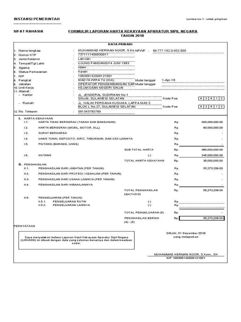 Formulir Lhkasn Herman Noor 2020 | PDF