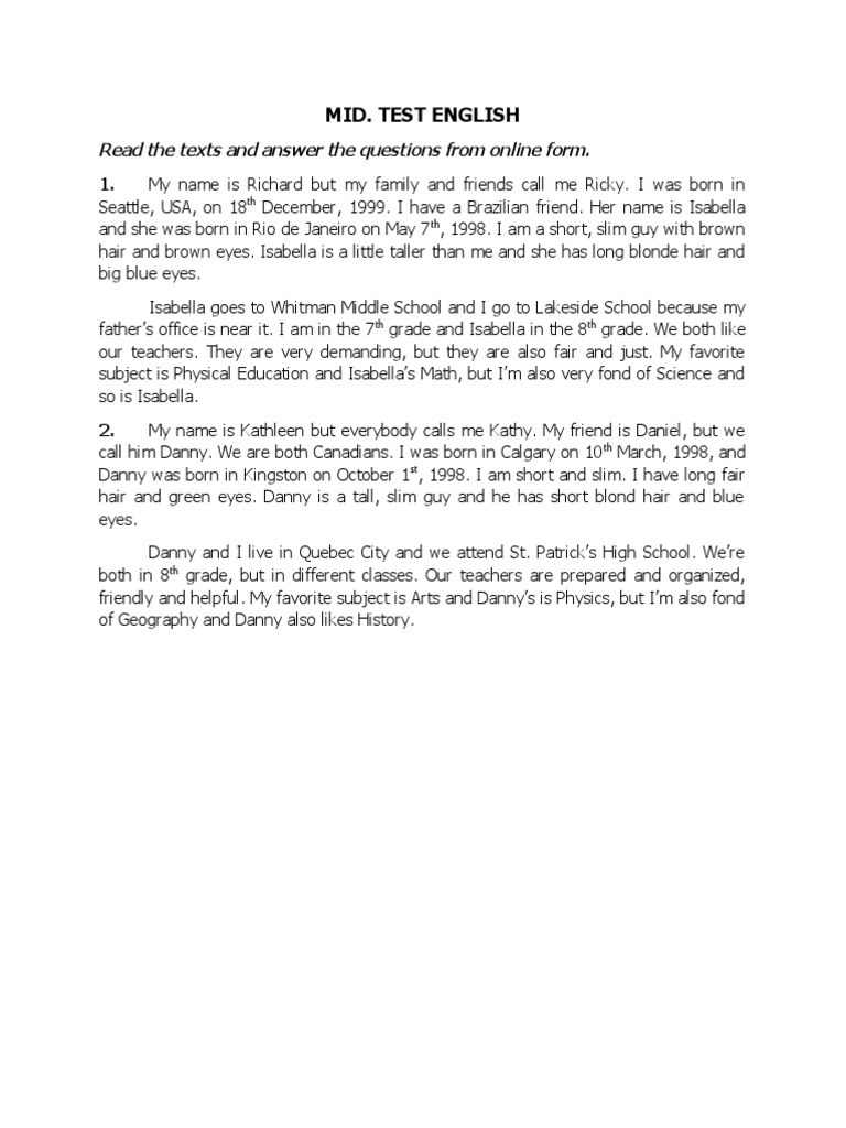 Mid. Test English: Read The Texts and Answer The Questions From Online ...