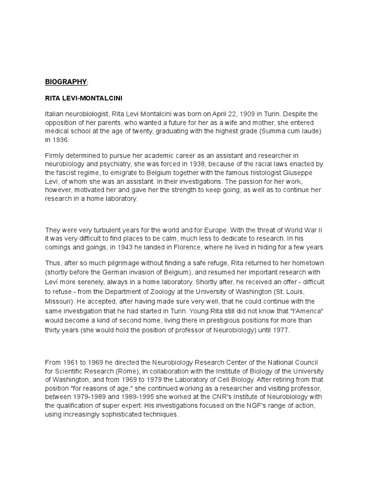 Biography: Rita Levi-Montalcini | Download Free PDF | Biology | Science