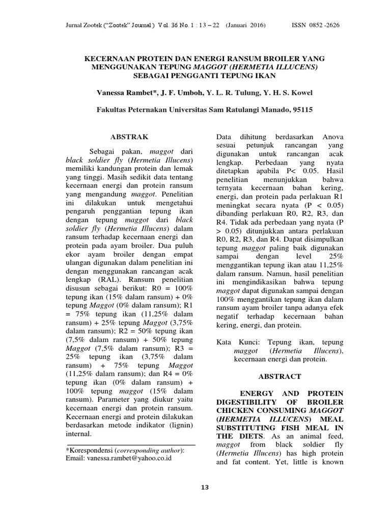 Kecernaan Protein Dan Energi Ransum Broiler Dengan Tepung Maggot | PDF