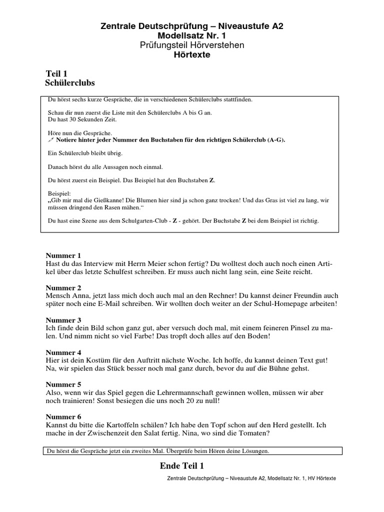 A2 Modellsatz Nr. 1, HV HФrtexte | PDF