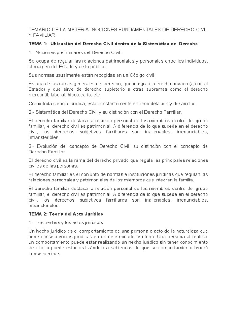 Temario de La Materia Nociones Fundamentales de Derecho Civil y ...