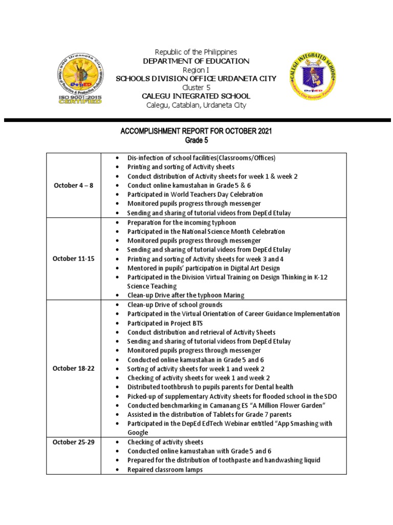 Accomplishment Report For October 2021 Grade 5 | PDF