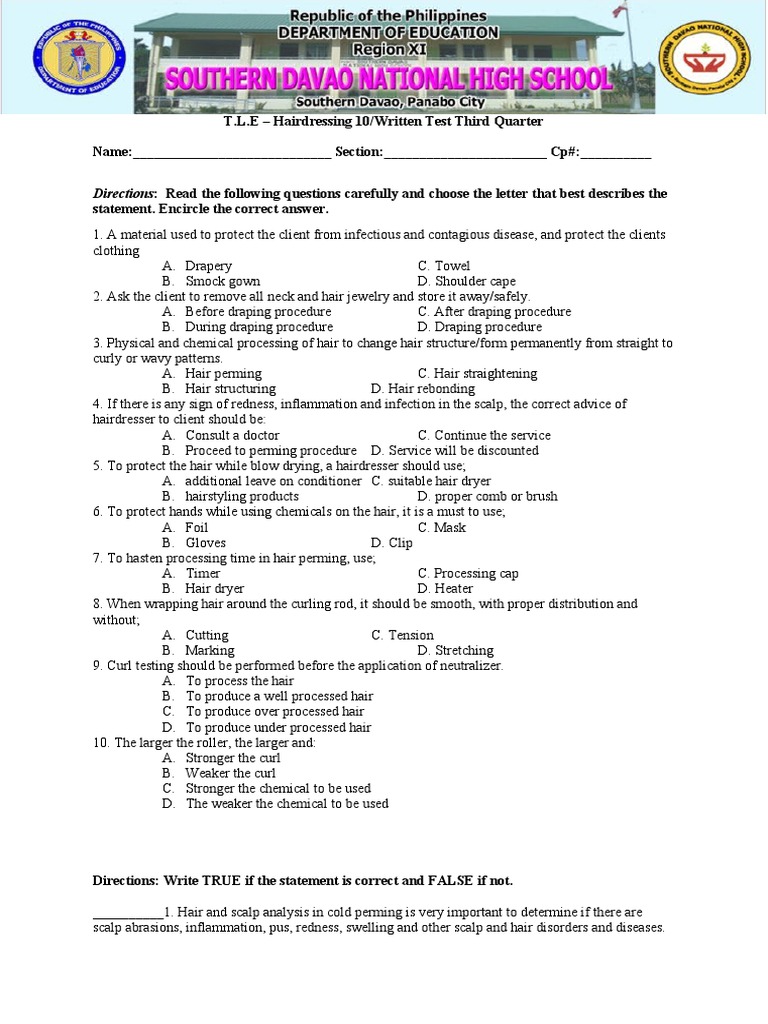 T.L.E - Hairdressing 10/written Test Third Quarter Name: - Section ...