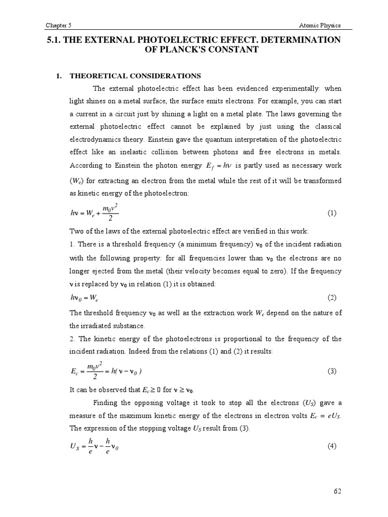 THE EXTERNAL PHOTOELECTRIC EFFECT. DETERMINATION OF Planck Constant ...