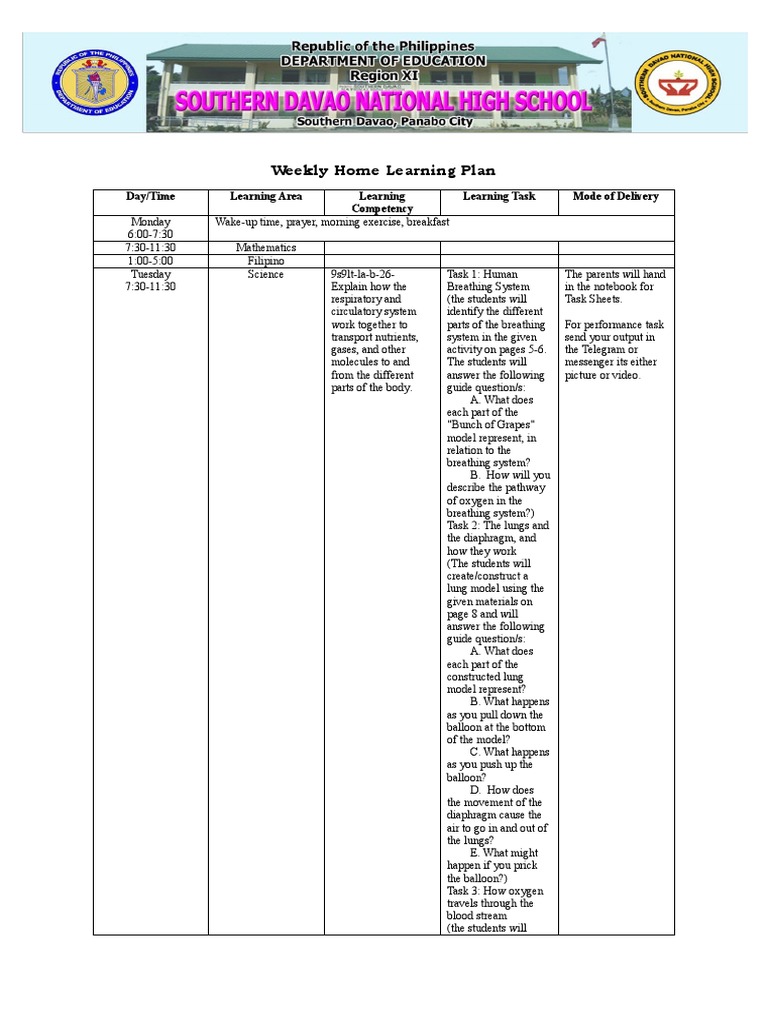 Weekly Home Learning Plan: Day/Time Learning Area Learning Competency Learning Task Mode of ...