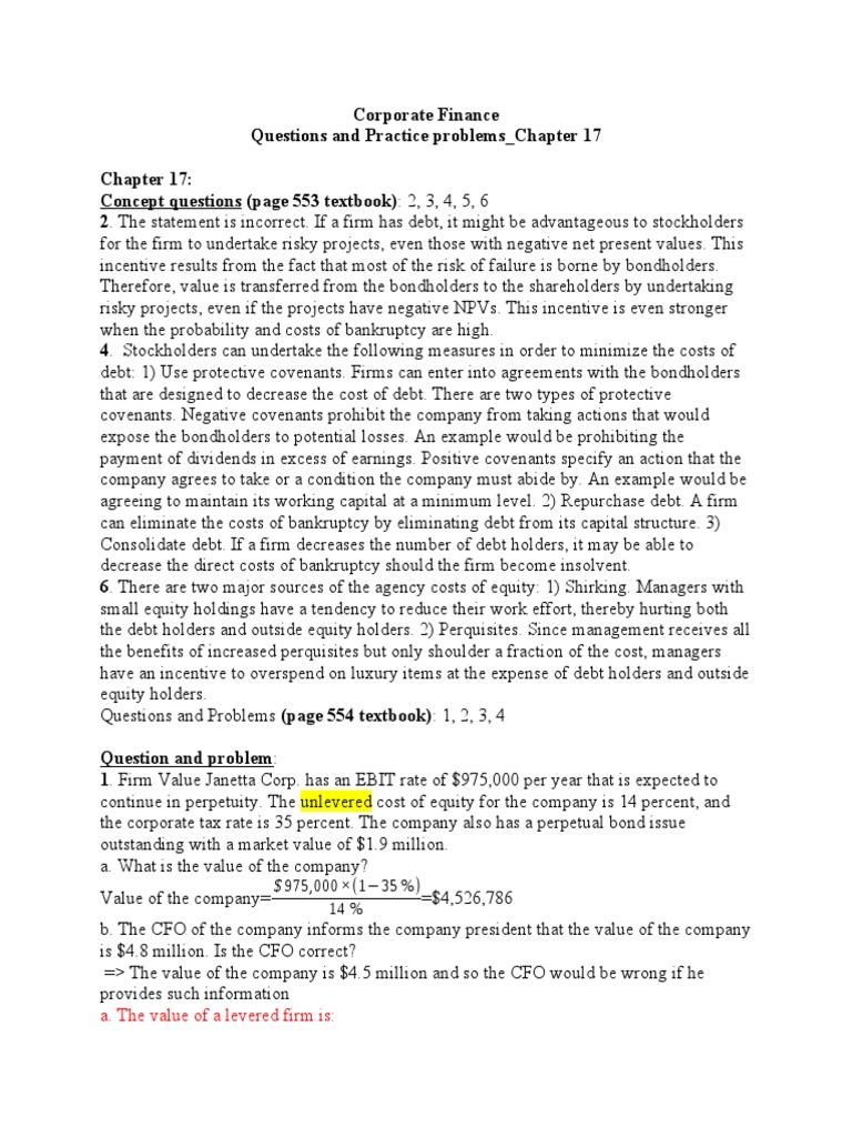 CF - Questions and Practice Problems - Chapter 17 | PDF | Capital ...