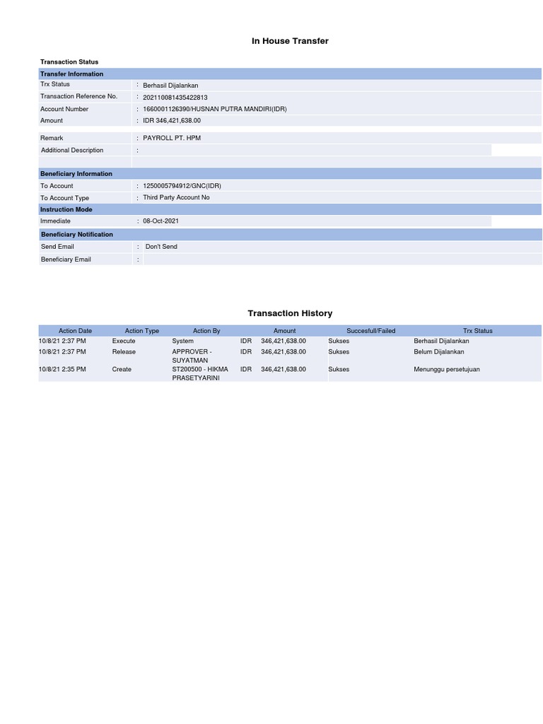 In House Transfer: Transaction Status Transfer Information | PDF ...