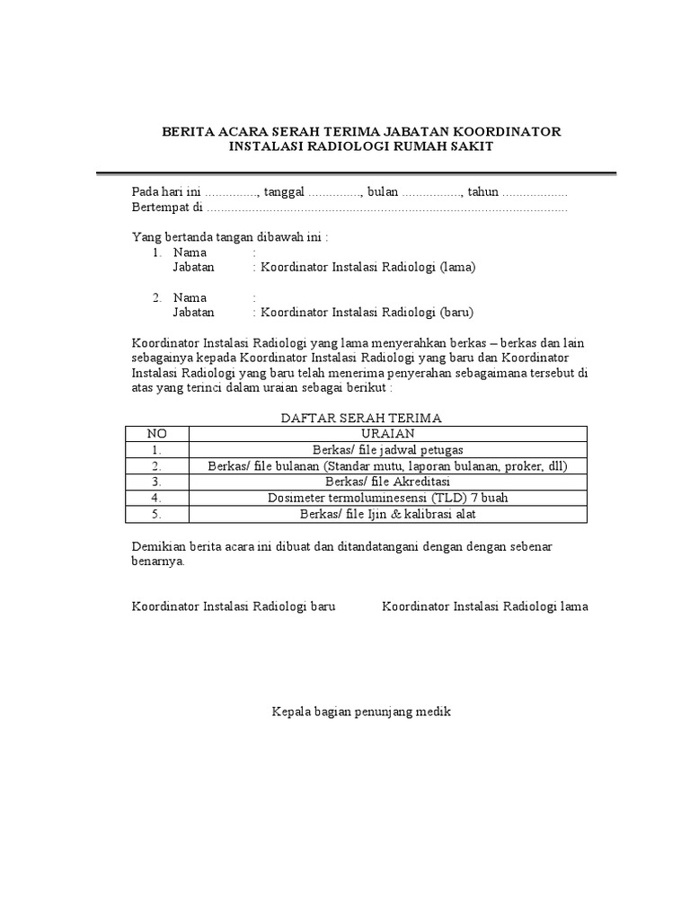 BERITA ACARA SERAH TERIMA JABATAN KOORDINATOR INSTALASI RADIOLOGIi | PDF