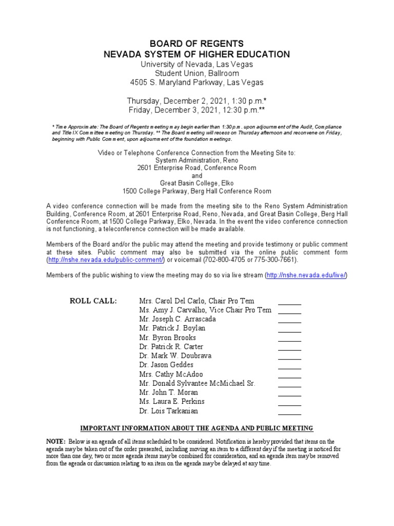 Board of Regents Nevada System of Higher Education: Roll Call | PDF ...