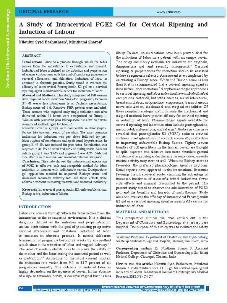 A Study of Intracervical PGE2 Gel For Cervical Ripening and Induction ...