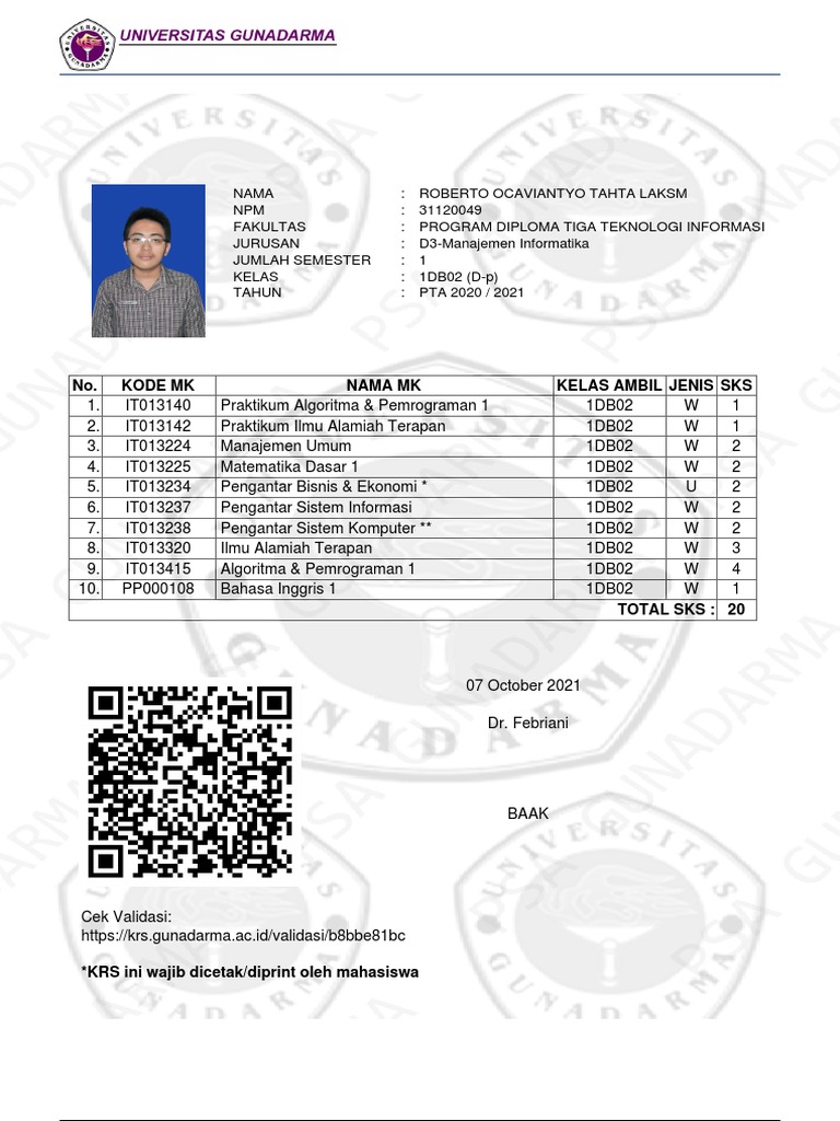 KRS Semester PTA 2020/2021 Gunadarma | PDF