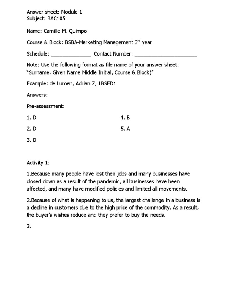 Answer Sheet Module 1 BAC105 | PDF | Health Sciences