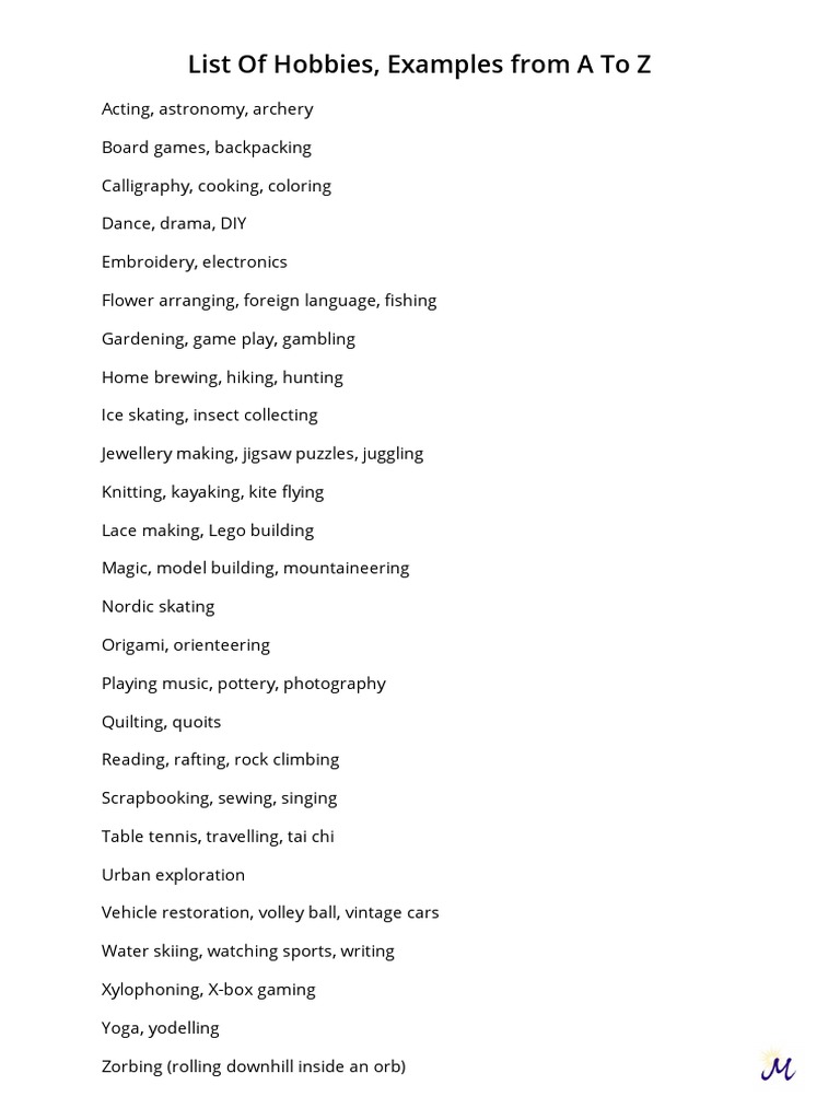 LIST OF HOBBIES From A To Z | PDF