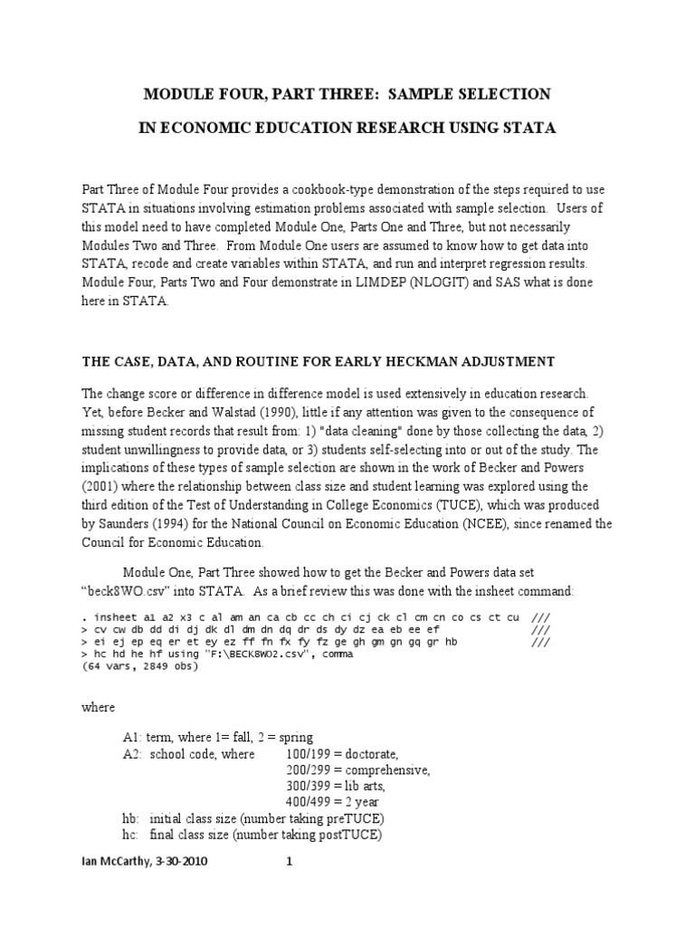 Module Four, Part Three: Sample Selection in Economic Education Research Using Stata | PDF ...