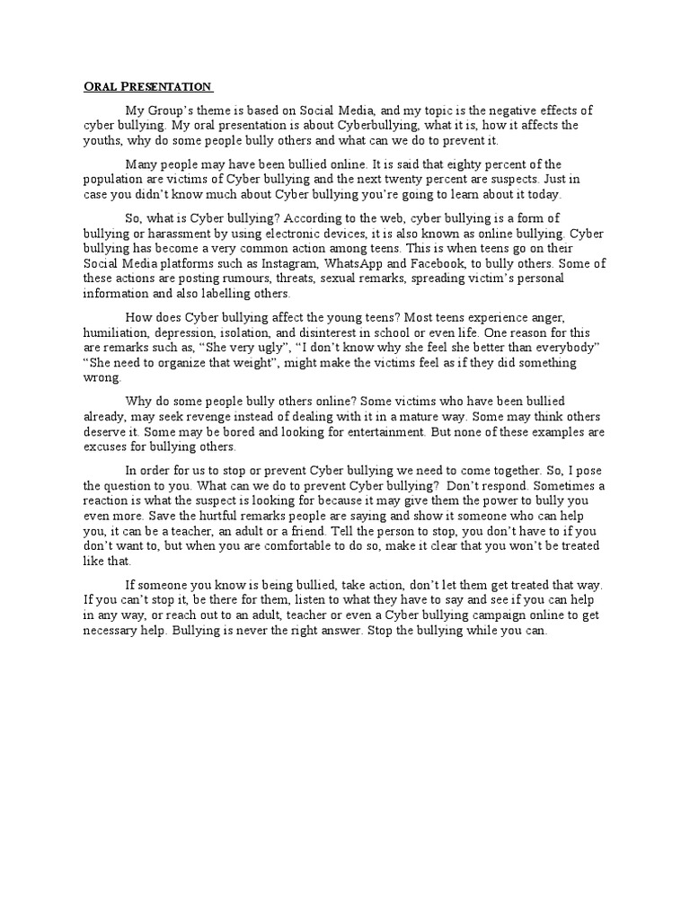 Oral Presentation Engllish SBA | PDF | Cyberbullying | Bullying