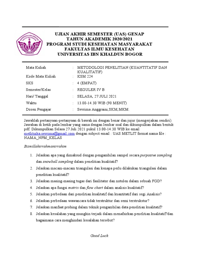 Uas Metlit Reguler Ivb Sevrima A | PDF