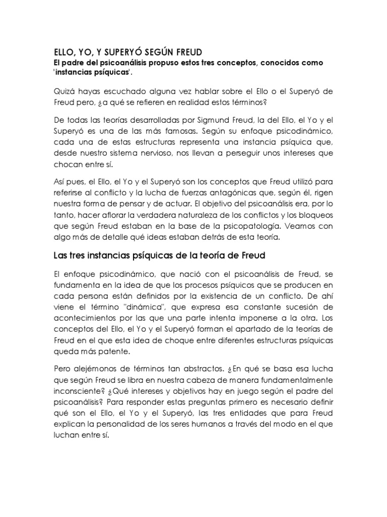 Las tres instancias psíquicas según la teoría de Freud: Ello, Yo y Superyó | PDF | Carné de ...
