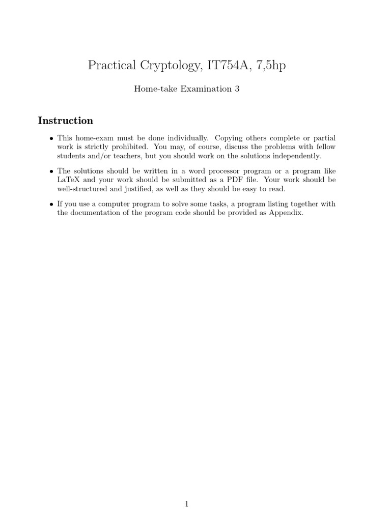 Practical Cryptology, IT754A, 7,5hp: Instruction | PDF | Encryption ...