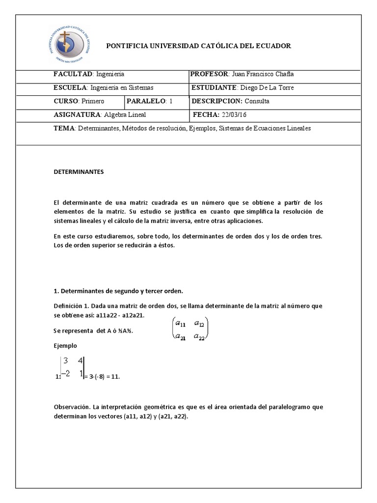 Deber Algebra | PDF | Determinante | Sistema de ecuaciones lineales
