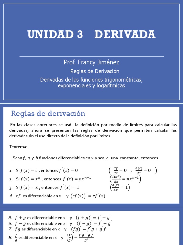 UNIDAD 3 Clase 2 Reglas de Derivación. Derivadas Trig-Exp-Log | PDF | Línea (geometría) | Derivado