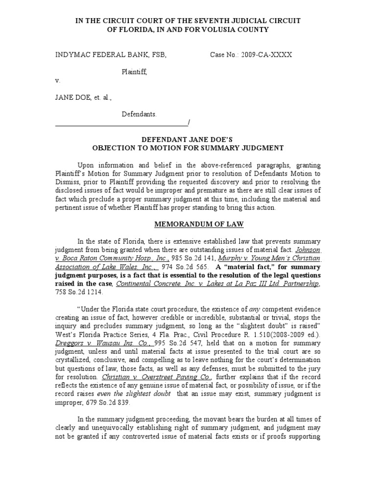 Objection to Summary Judgment in Florida | PDF | Summary Judgment ...