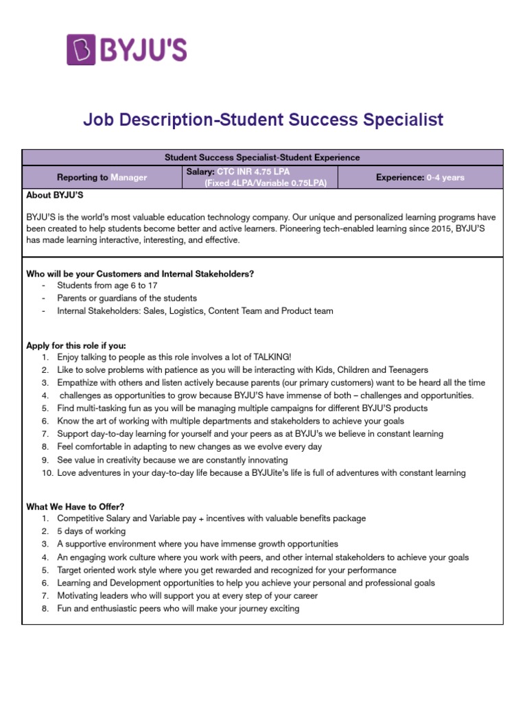 Job Description-Student Success Specialist | PDF | Learning ...