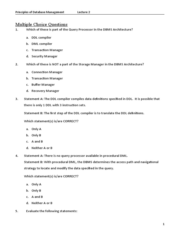 Multiple Choice Questions: Principles of Database Management | Download Free PDF | Databases ...