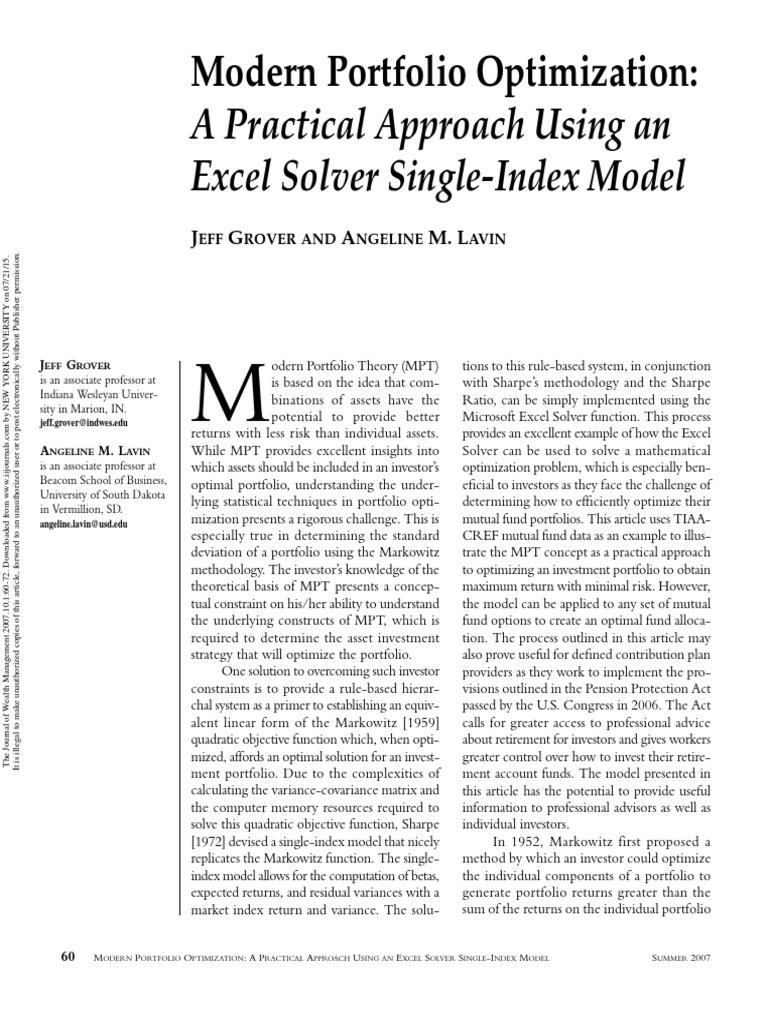 A Practical Approach Using An Excel Solver Single Index Model Pdf Modern Portfolio Theory