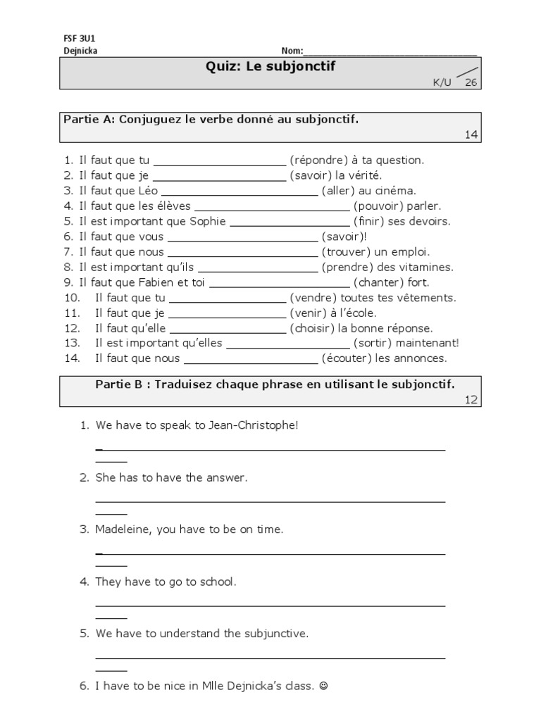 Quiz sur le subjonctif français | PDF