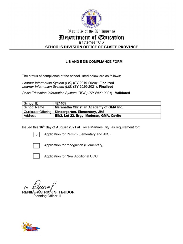 Lis and Beis Compliance Form | PDF