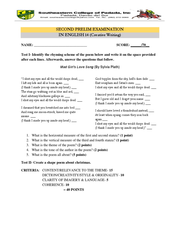 Second Prelim Examination IN ENGLISH 14 (Creative Writing) : Mad Girl's ...