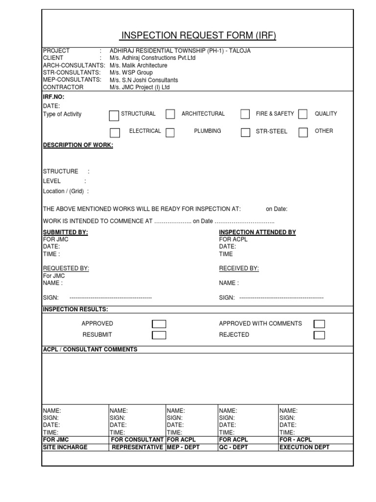 Inspection Request Form (Irf) | PDF