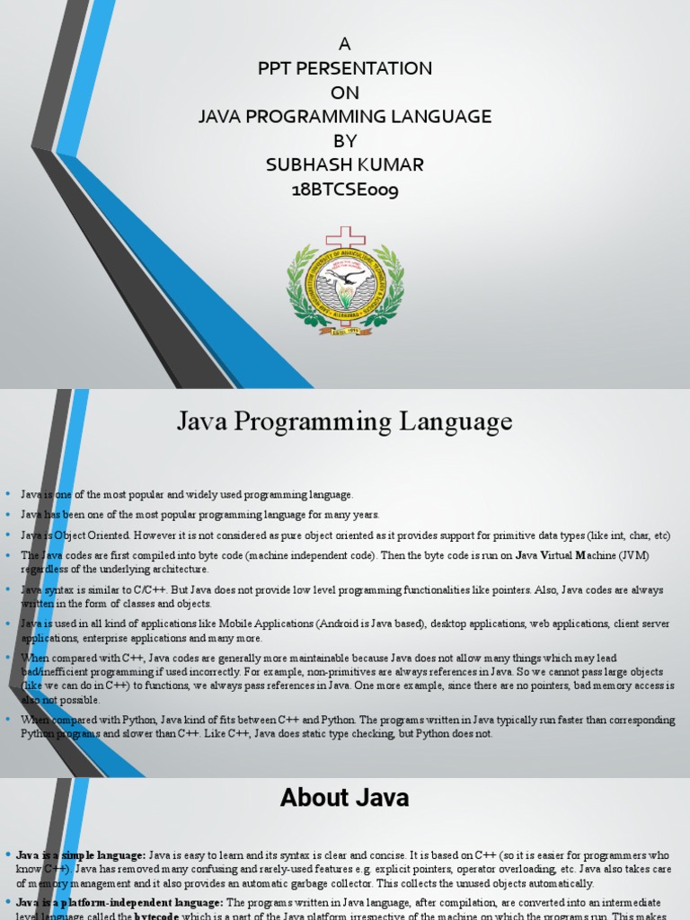 A PPT Persentation ON Java Programming Language BY Subhash Kumar 18BTCSE009 | Download Free PDF ...