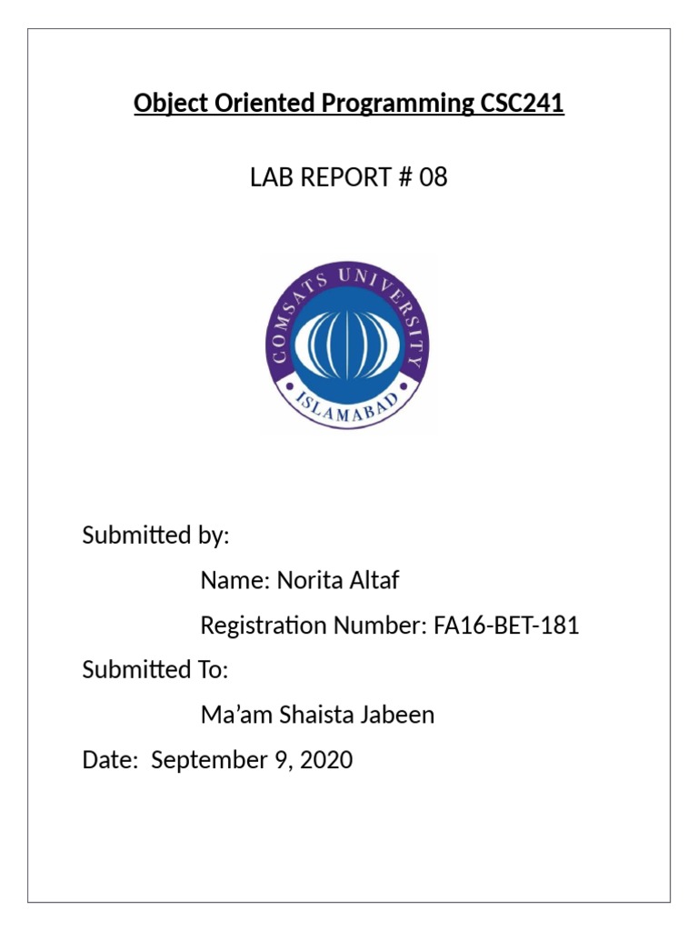 Object Oriented Programming Csc241 Lab Report 08 Pdf Programming Constructor Object 6383