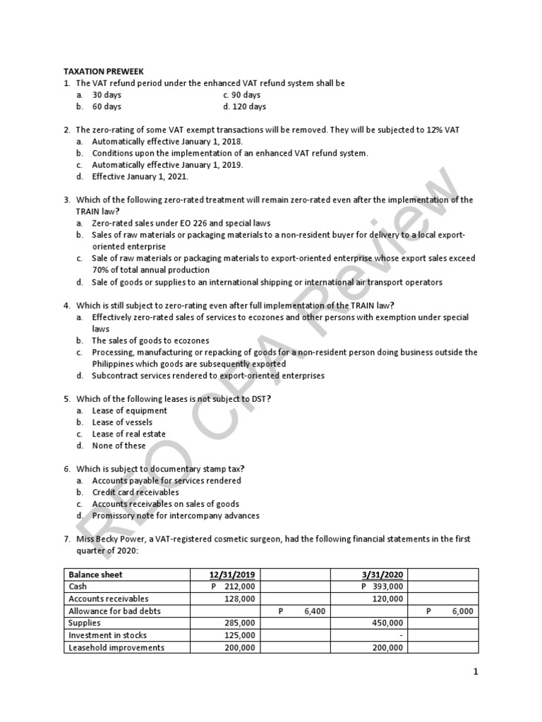 O CPA Review: Taxation Preweek | PDF | Value Added Tax | Tax Deduction