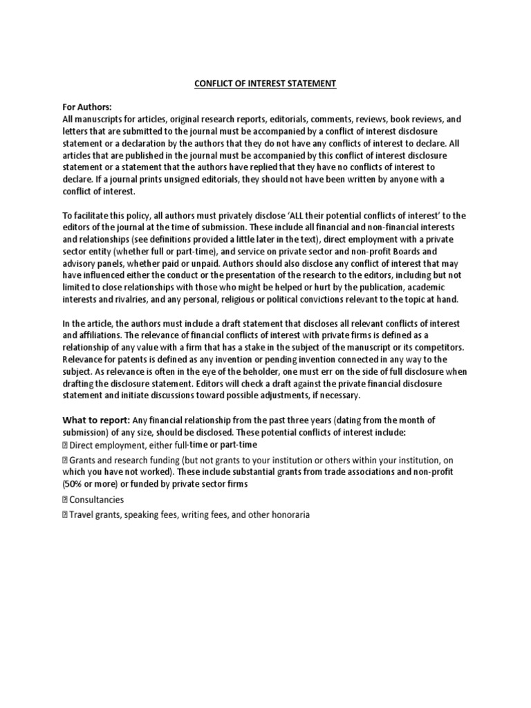 Conflict of Interest Statement | PDF | Conflict Of Interest | Discovery ...