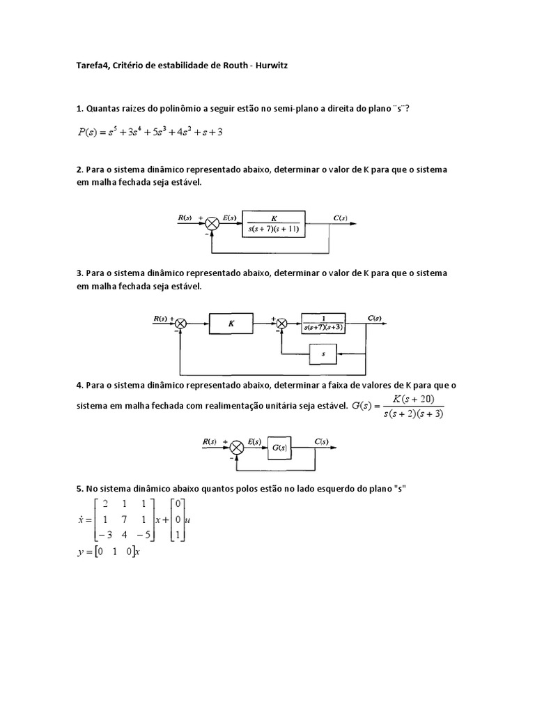 Tarefa4, Criterio de Estabilidade de Routh-Hurwitz | PDF