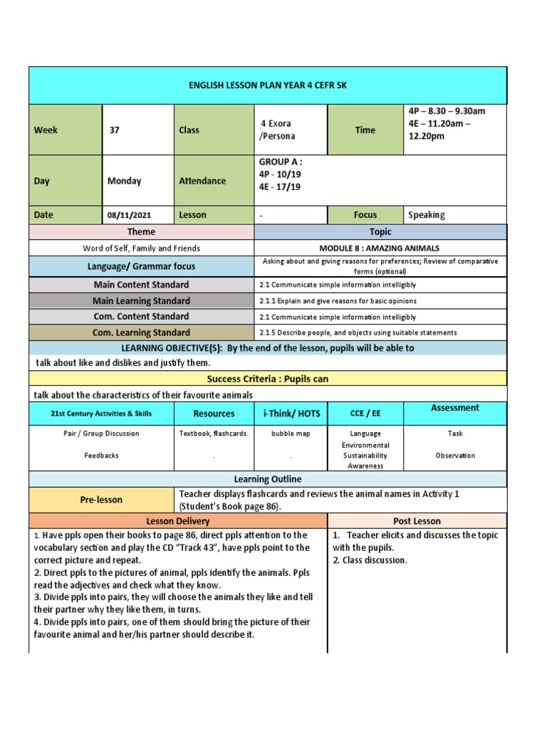 English Lesson Plan Year 4 Cefr SK 37 | PDF | Lesson Plan | Learning