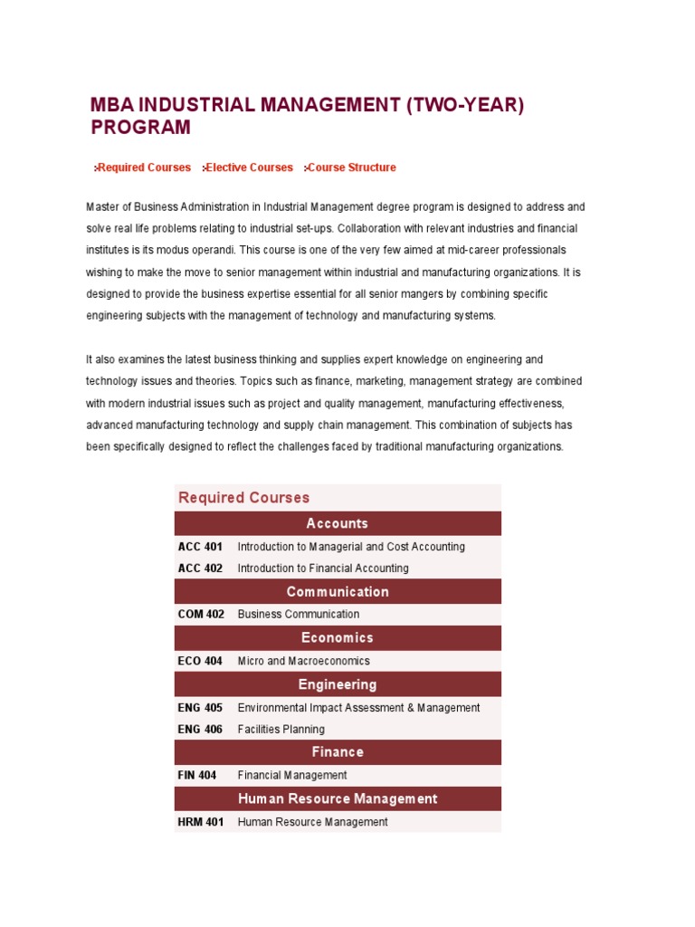 Mba Industrial Management (Two-Year) Program: Required Courses | PDF ...