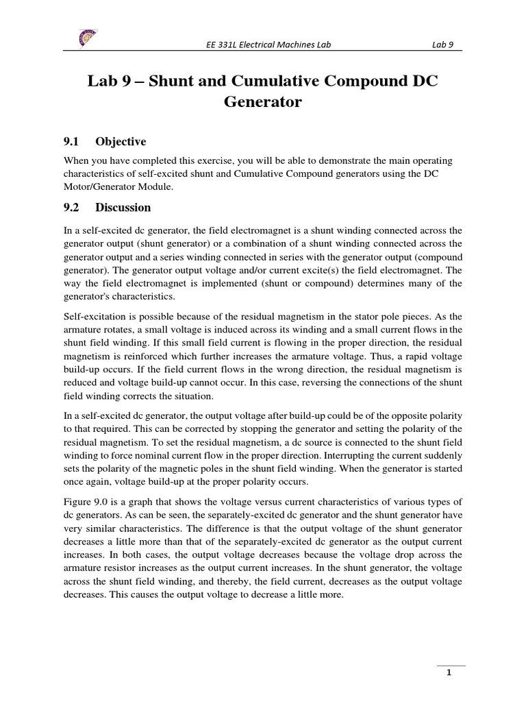 Lab9 - Shunt and Cumulative Compound DC Generators | PDF | Electric Generator | Electric Motor