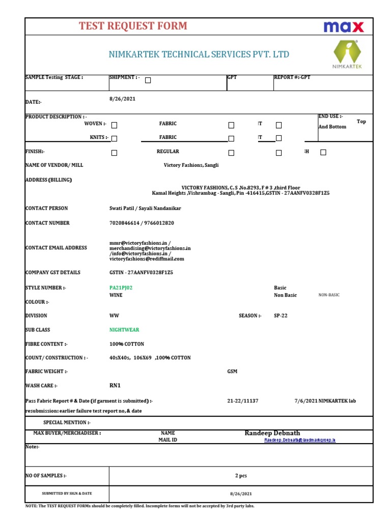 Test Request Form: Nimkartek Technical Services Pvt. LTD | PDF ...