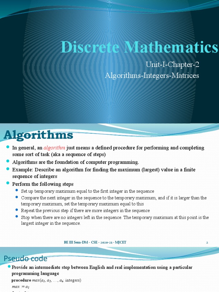 Discrete Mathematics: Unit-I-Chapter-2 Algorithms-Integers-Matrices ...