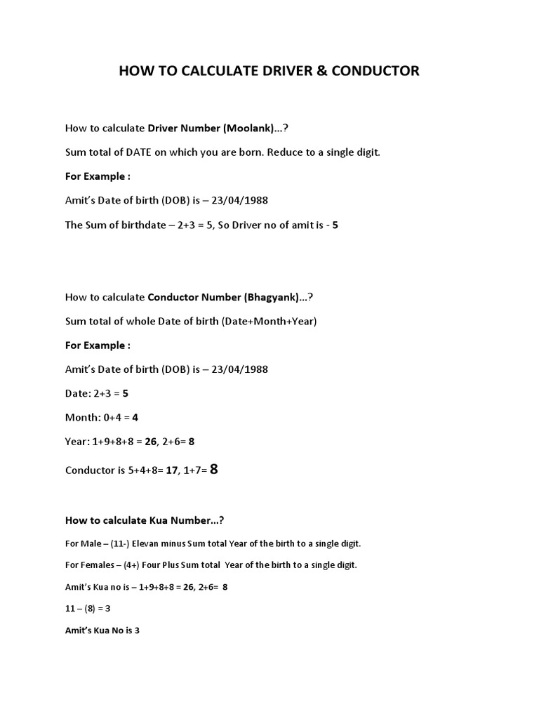 CALCULATE DRIVER, CONDUCTOR & KUA NUMBERS | PDF | Cognition | Psychology