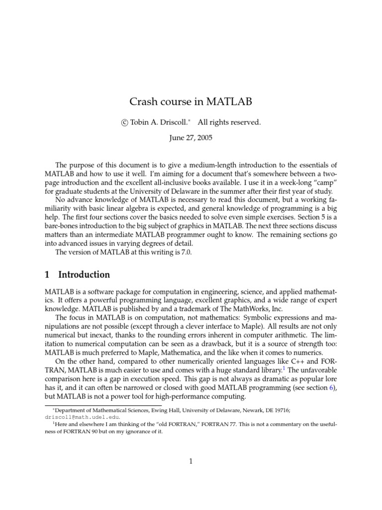 Crash Course in MATLAB: C Tobin A. Driscoll. All Rights Reserved. June ...
