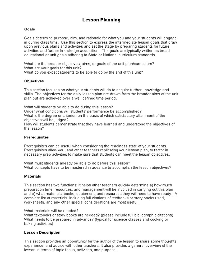 Lesson Planning IDEAS | PDF | Lesson Plan | Goal
