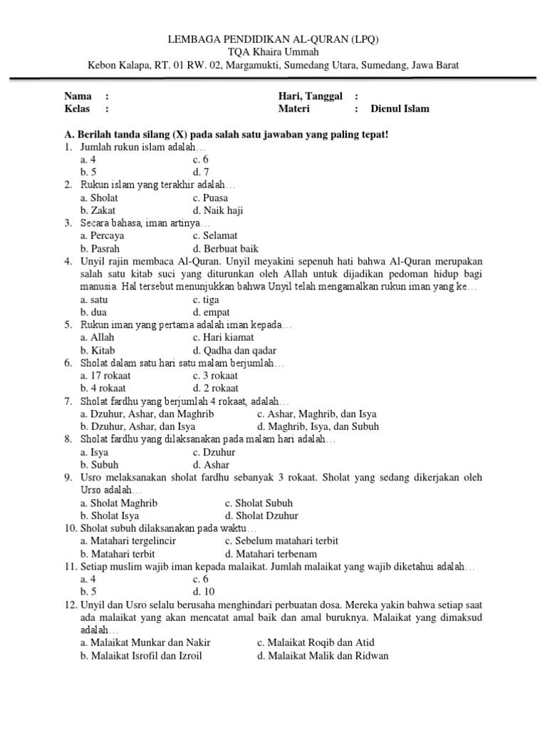 Soal Dienul Islam Kelas TQA | PDF