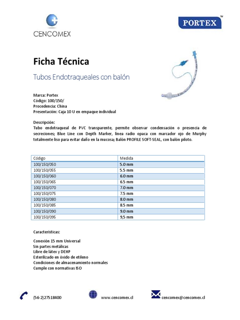 Ficha Técnica Tubo Endotraqueal Con Balon 100-150-XXX | PDF