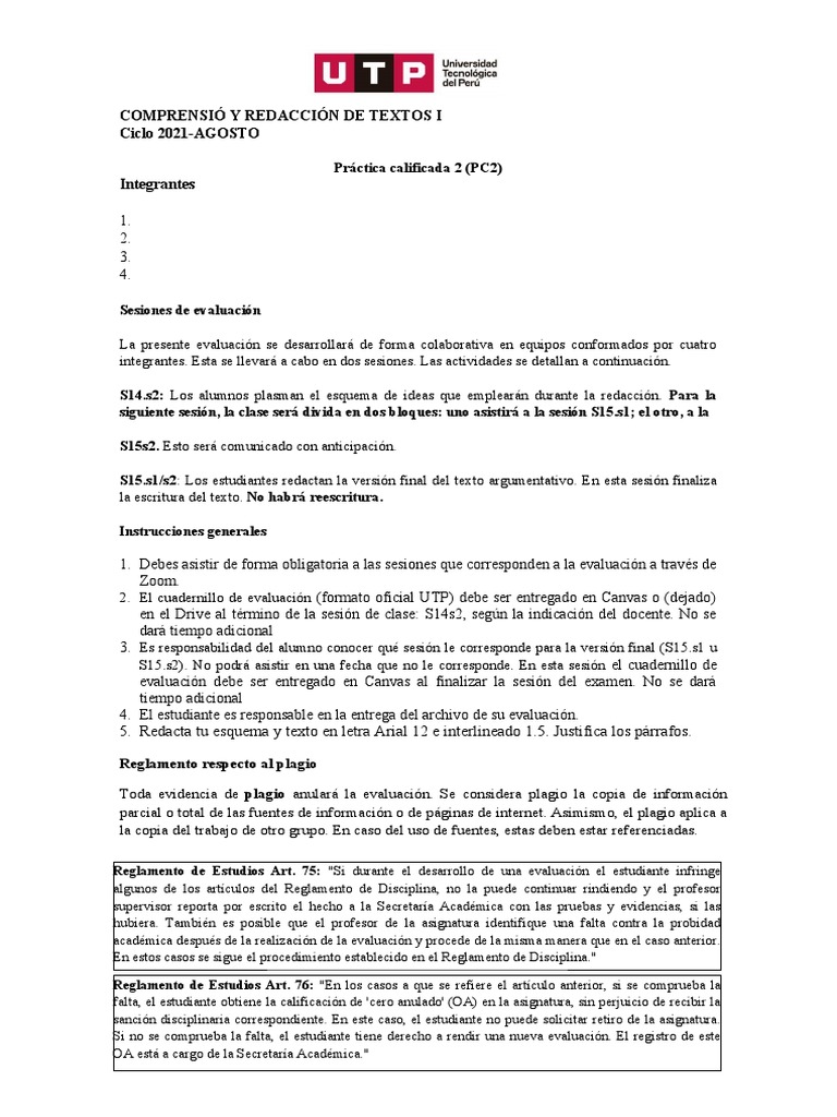 S14.s2 y S15 Práctica Calificada 2 (Formato Oficial UTP) 2021-Agosto | PDF | Puntuación | Coma