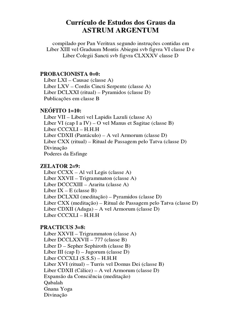 Currículo de Estudos Dos Graus Da Astrum Argentum (Pan Veritrax) (Por) | PDF